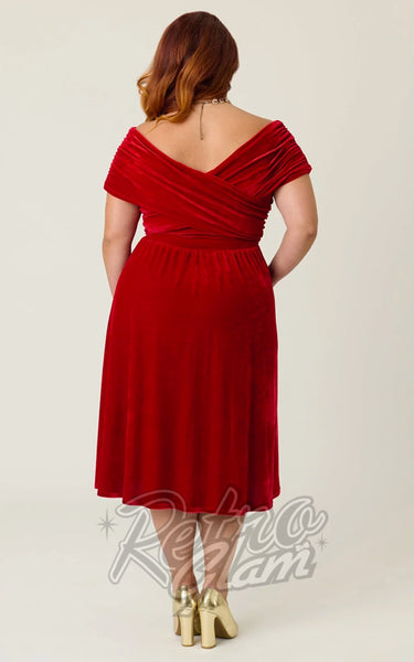 Unique Vintage Crossover Bust Swing Dress in Burgundy Velvet – Retro Glam